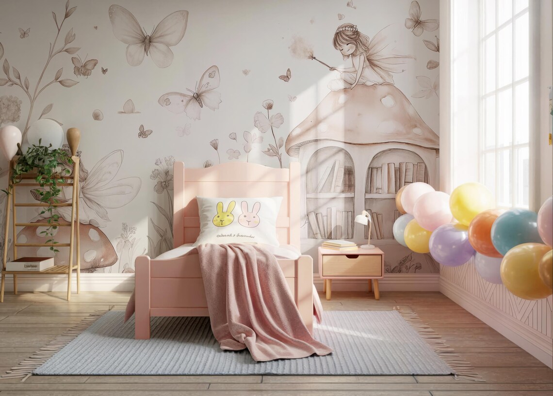 Fairy Tale Nursery Wallpaper: Neutral Mushroom & Butterfly Wall Mural ...