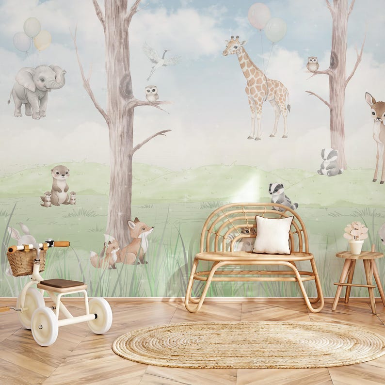 Woodland Animals Nursery Wallpaper , Pastel Clouds Kids Wall Mural ...