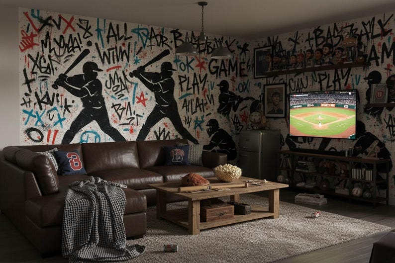 Baseball Graffiti Mural: Urban Sports Wall Art, Peel and Stick ...