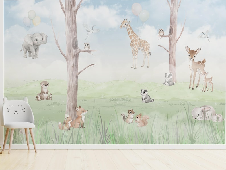 Woodland Animals Nursery Wallpaper , Pastel Clouds Kids Wall Mural ...