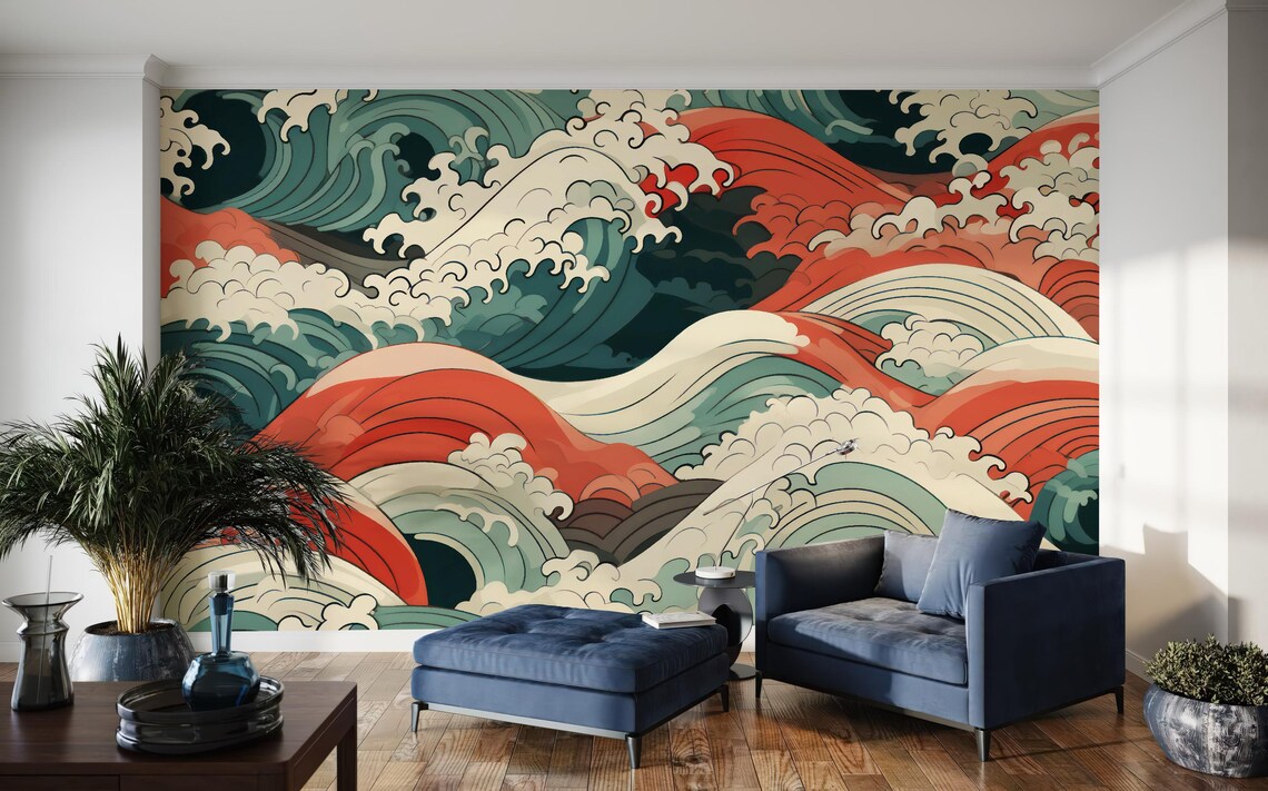 Japanese Wave Wall Mural, Ocean Art Wallpaper, Removable Wall Decor - Etsy