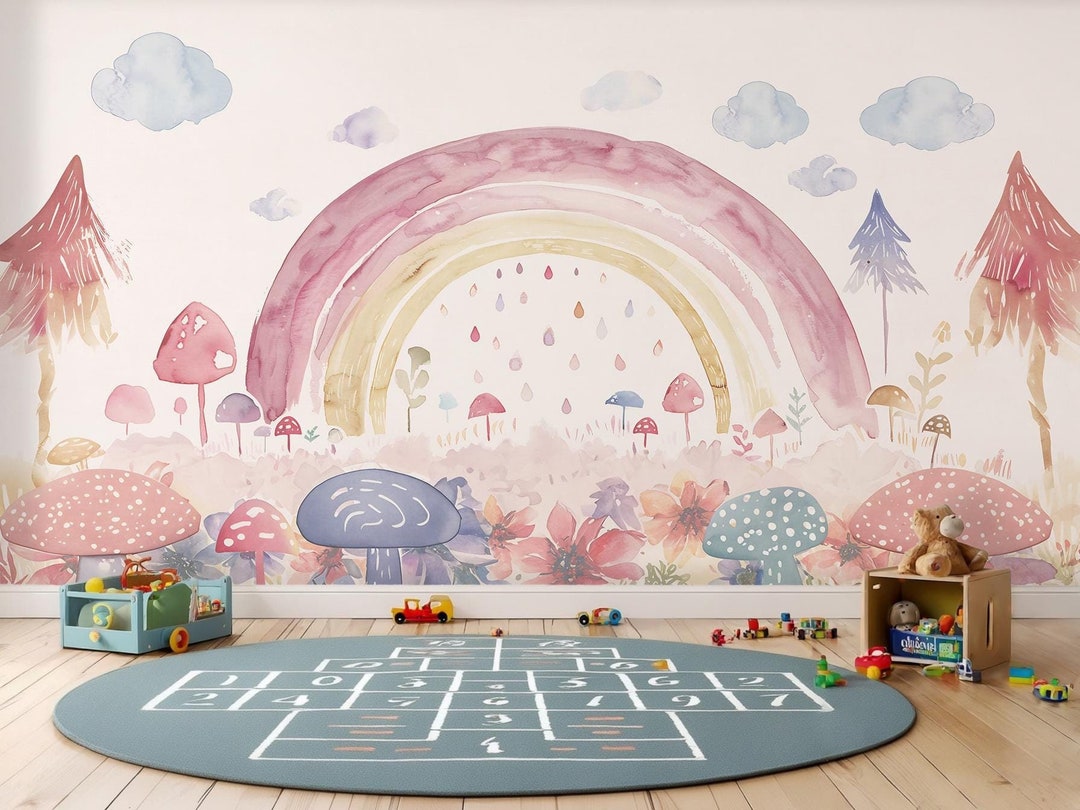 Nursery Mushroom Wallpaper Whimsical Rainbow Woodland Wallpaper ...