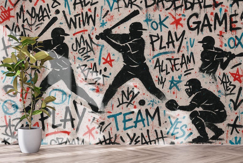 Baseball Graffiti Mural: Urban Sports Wall Art, Peel and Stick ...