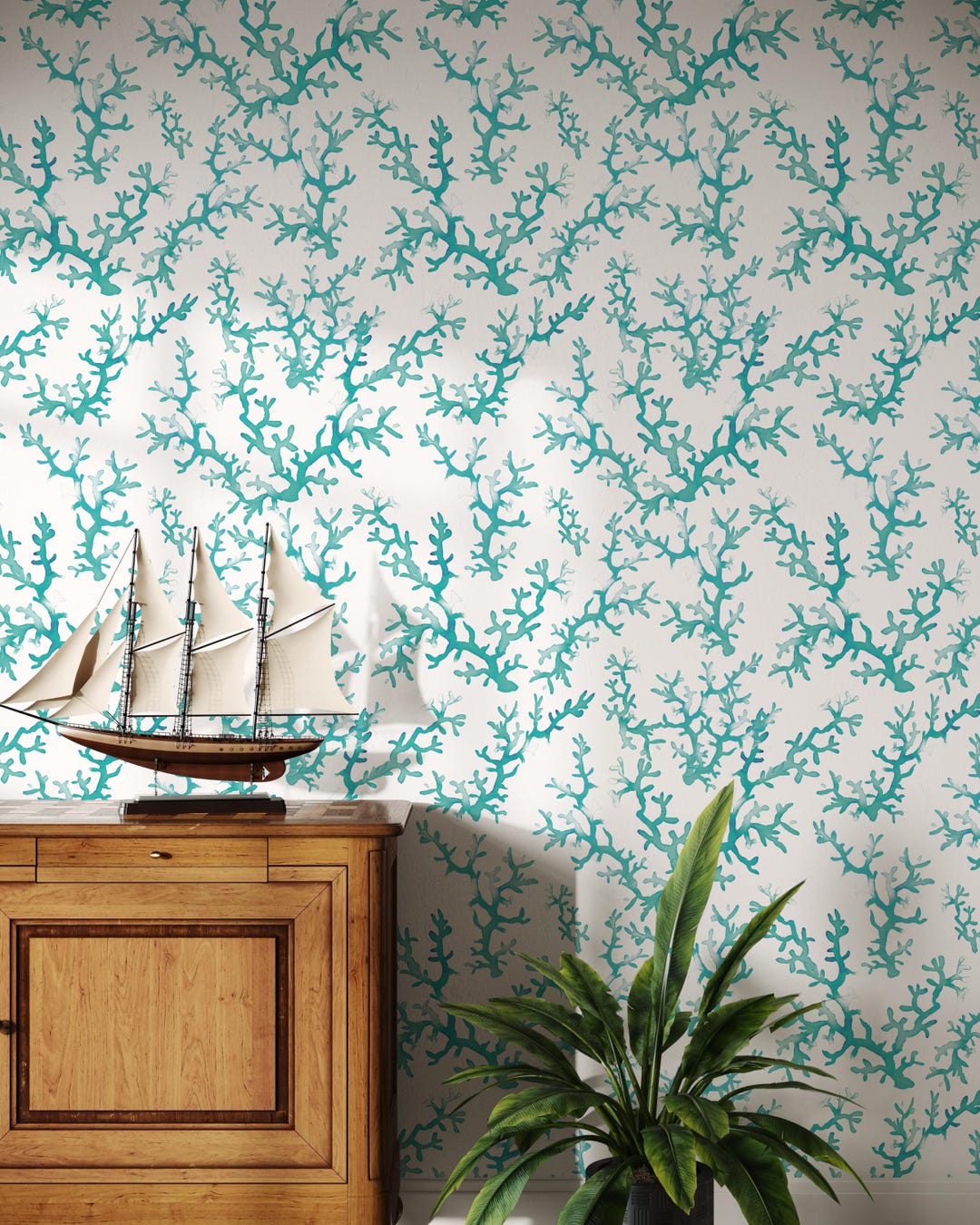 Coastal Coral Wallpaper Mural: Aqua Blue Ocean Theme (peel and Stick ...