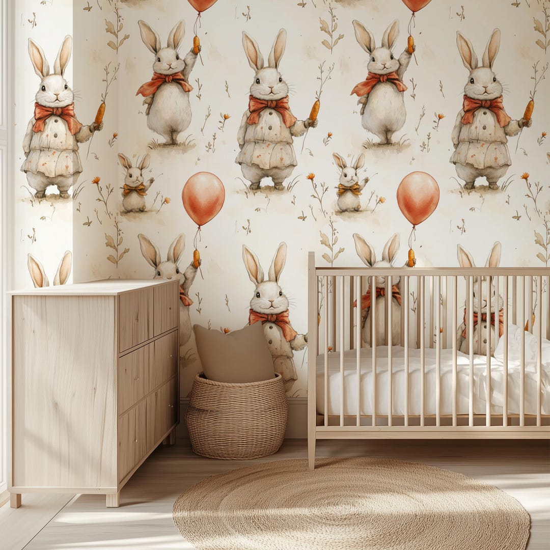 Woodland Cute Bunny & Balloon Neutral Nursery Wallpaper | Dreamy ...