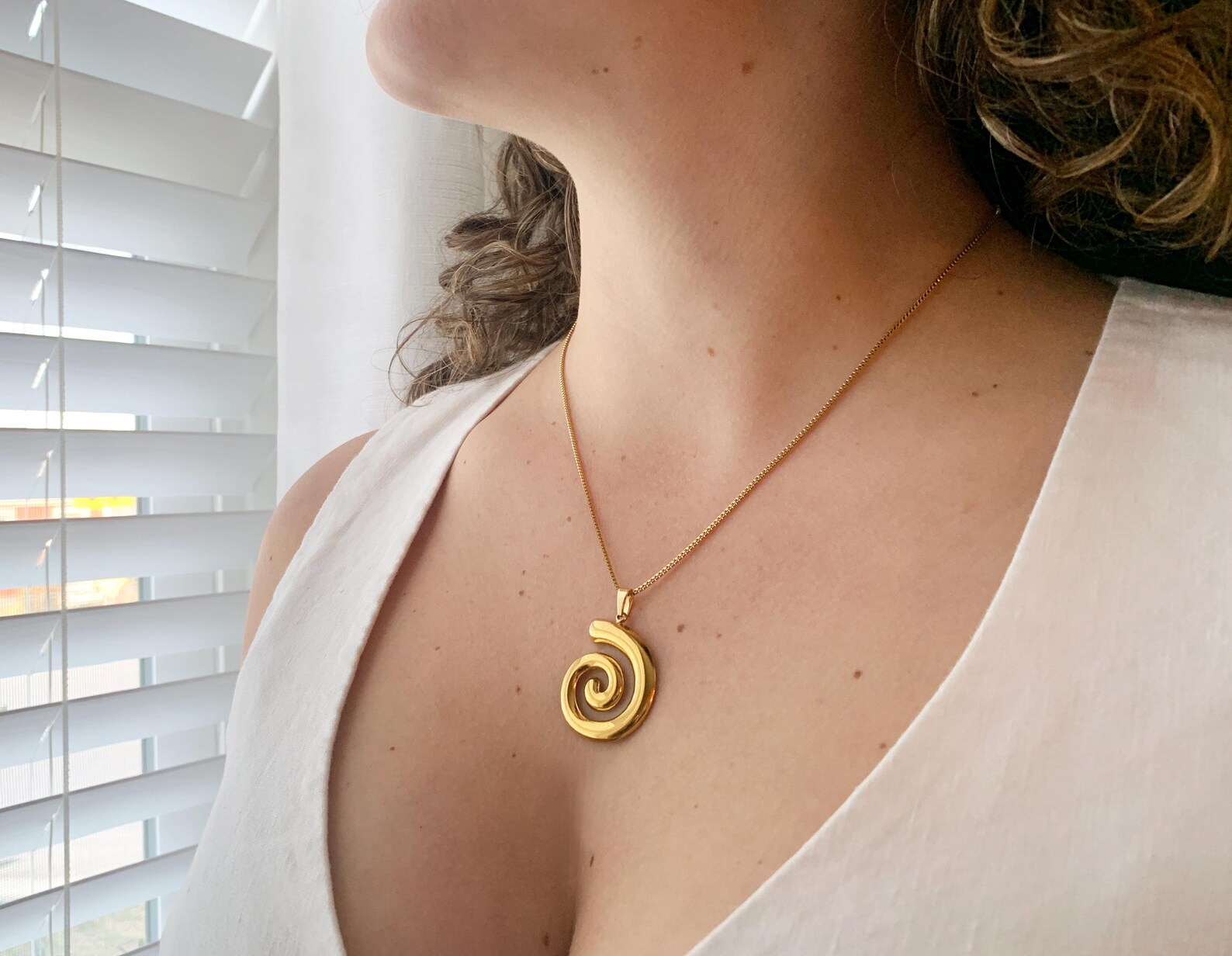 Golden Spiral Pendant Necklace • Gold-plated Stainless Steel • Chunky Spiral Pendant • Beach ...
