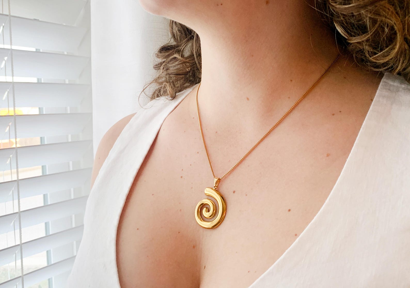 Golden Spiral Pendant Necklace • Gold-plated Stainless Steel • Chunky Spiral Pendant • Beach ...