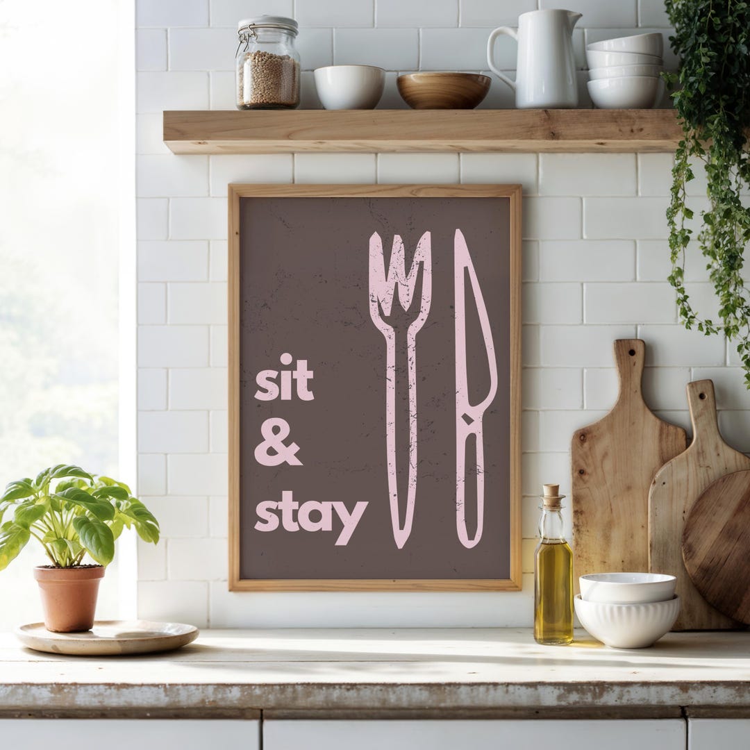 Sit & Stay Dog Themed Kitchen Art Print – Funny Fork Knife Design ...