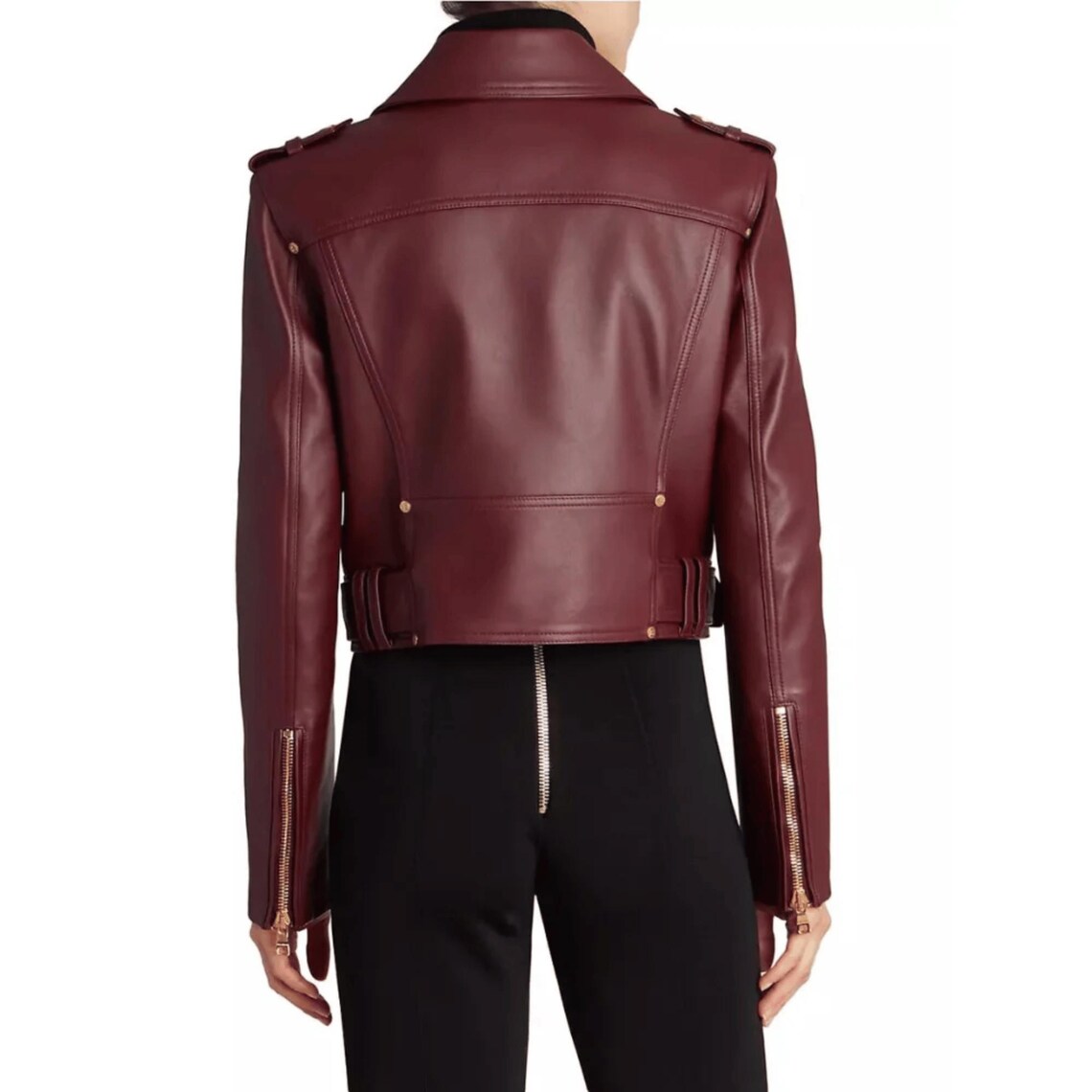 Maroon Cropped Leather Biker Jacket for Women – Stylish Lambskin Moto ...