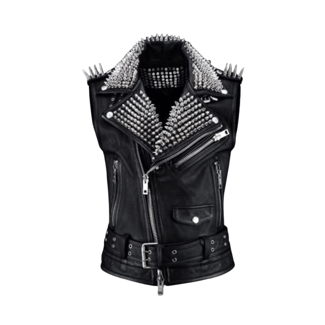 Custom Spiked Leather Vest for Men – Belted Brando Zipper Jacket With ...