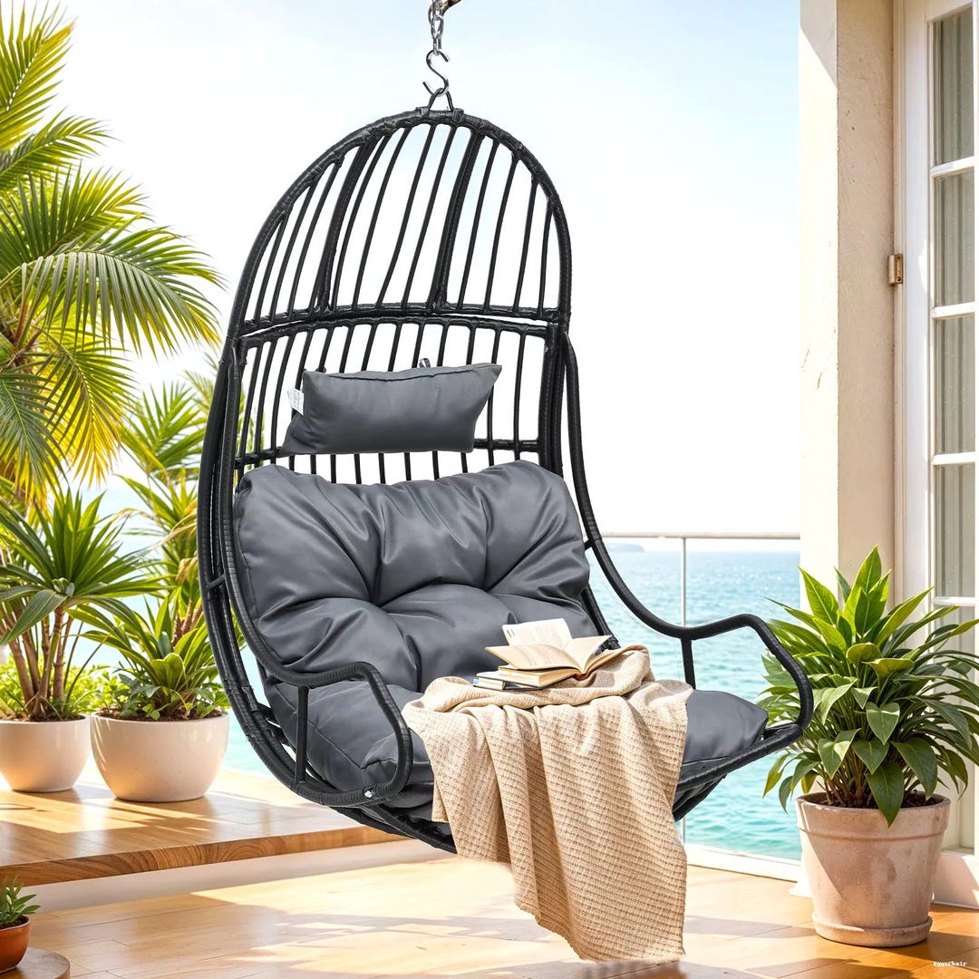 Egg-shaped Hammock Swing | Hanging Rattan Chair With Chain & Cushion – Outdoor Boho Patio ...