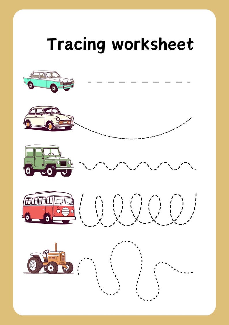Printable Vehicle Tracing Worksheet for Kids – Fun Prewriting Practice ...