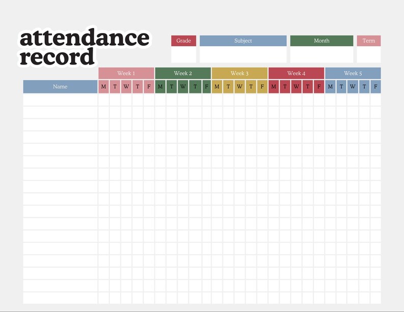 Monthly Attendance Record | Printable Student Attendance Sheet ...
