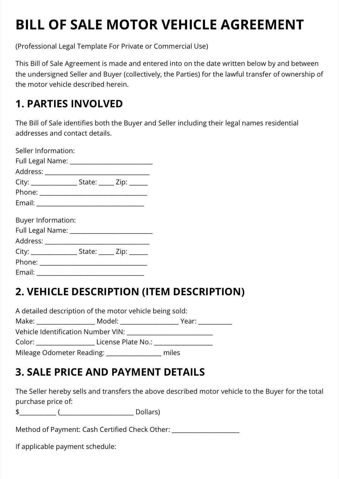 Vehicle Bill of Sale| Motor Vehicle Agreement - Etsy