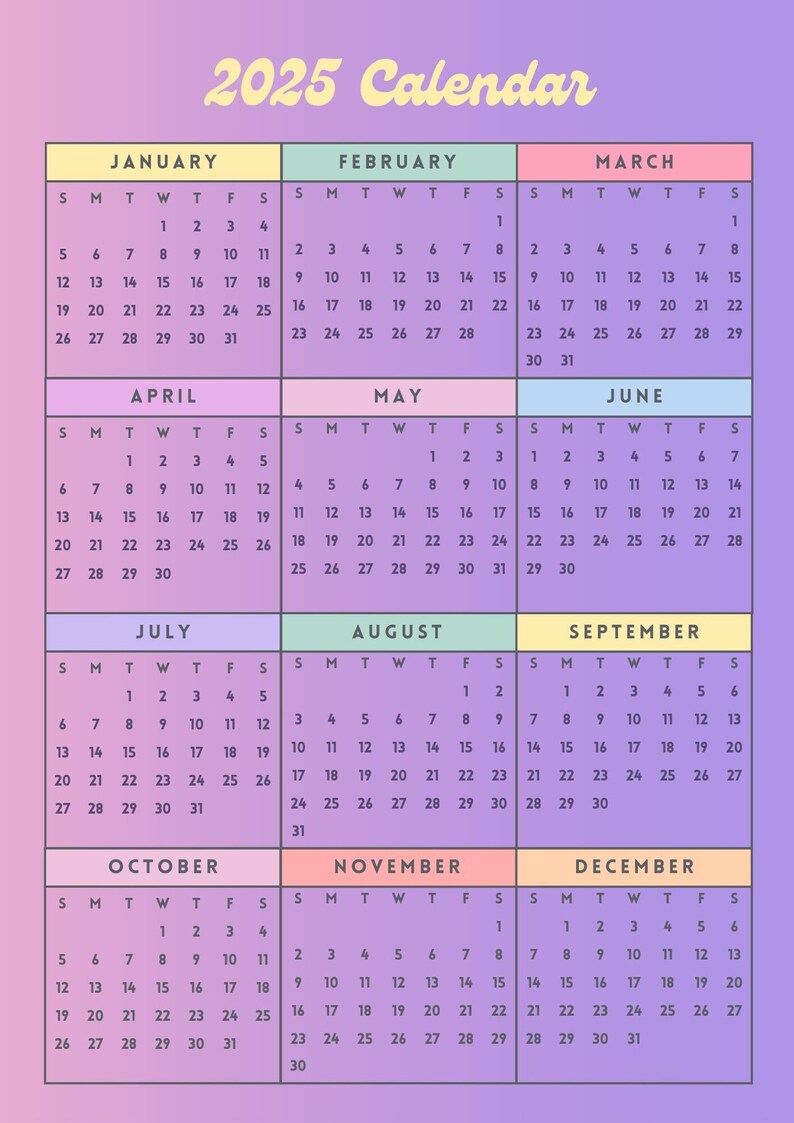 2025 Calendar, Fun, Aura, Pastel. *download & Print - Etsy