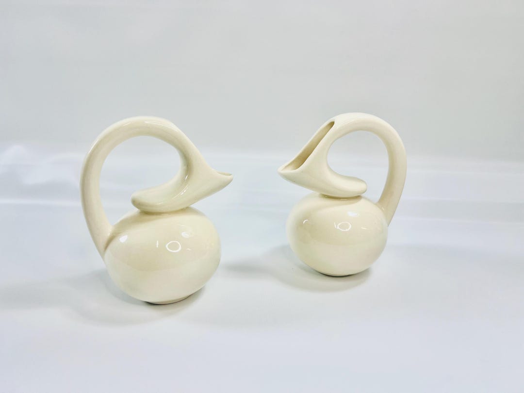 Vintage White Ceramic Honey Pot Pitchers: Swan Handle Cottagecore Set ...