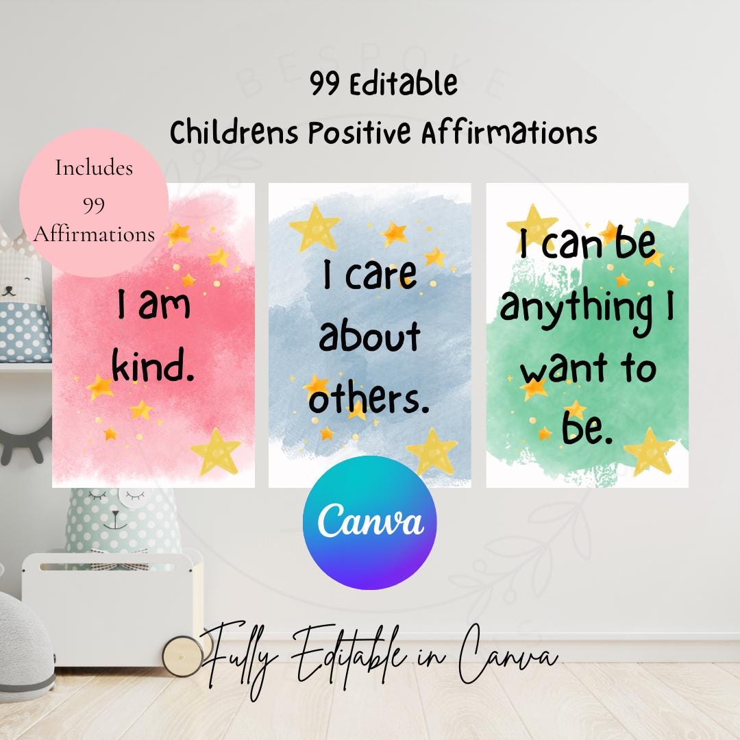 99 Editable Kids Affirmation Canva Templates | Watercolour Printable ...