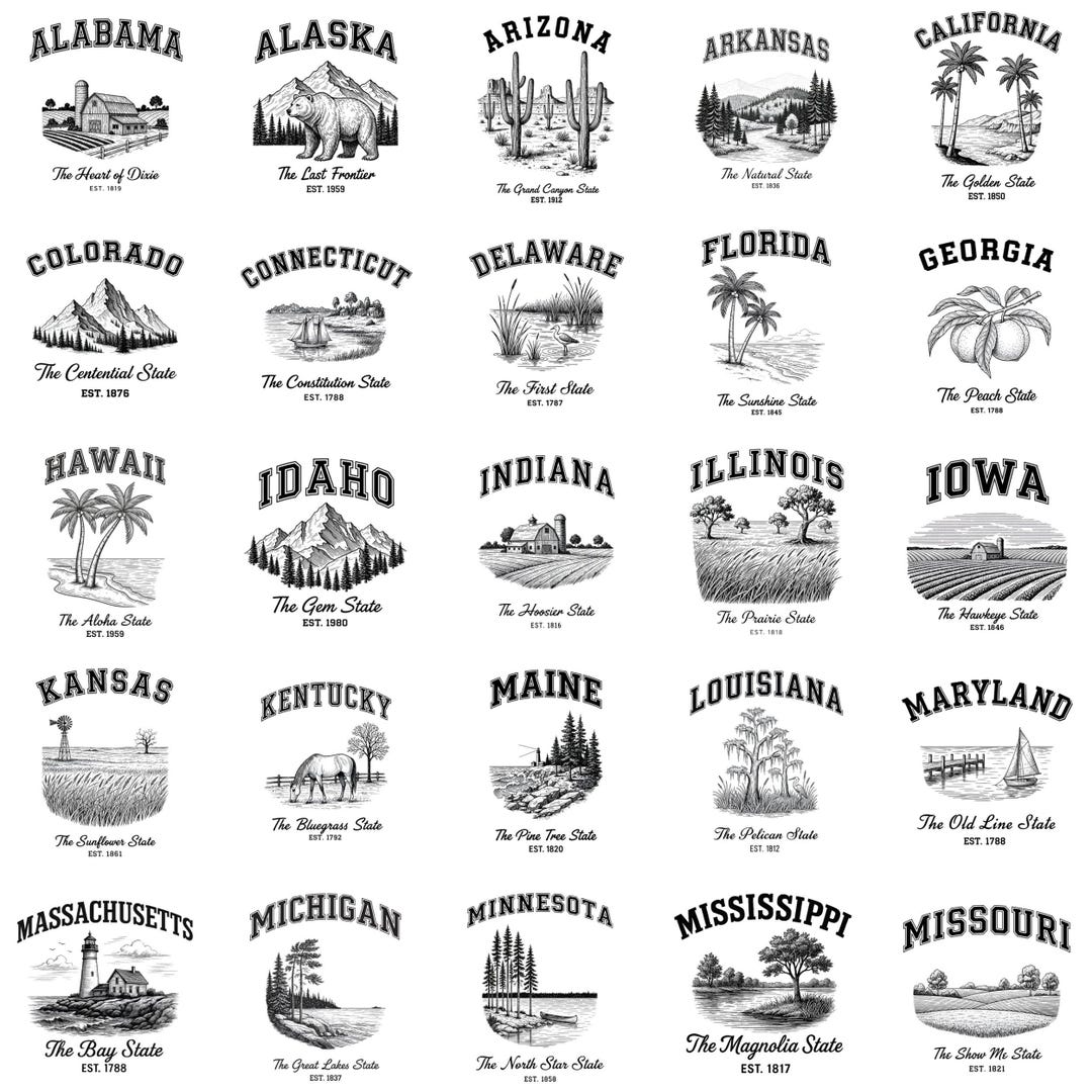 50 State Engraved Illustrations Bundle | Black & White Line Art - Etsy