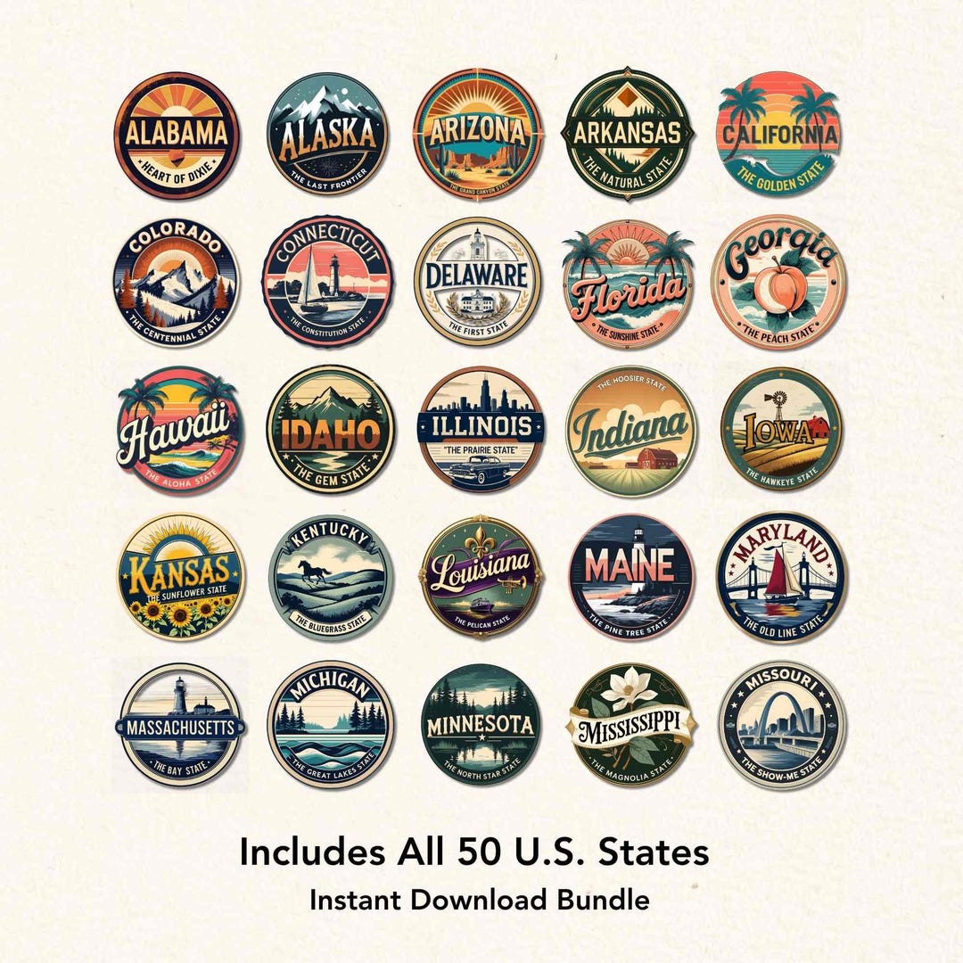 50 State Retro Badge Set: Vintage Travel Emblems (digital PNG Download ...