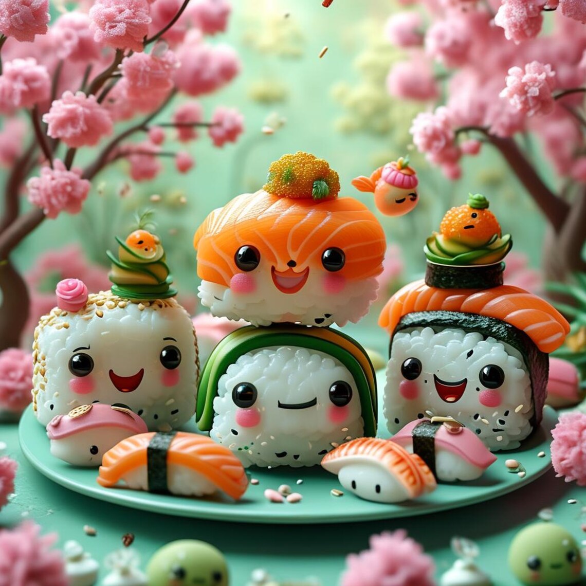 Kawaii Sushi Party Digital Print | Cute Japanese Food Art | Happy Sushi ...