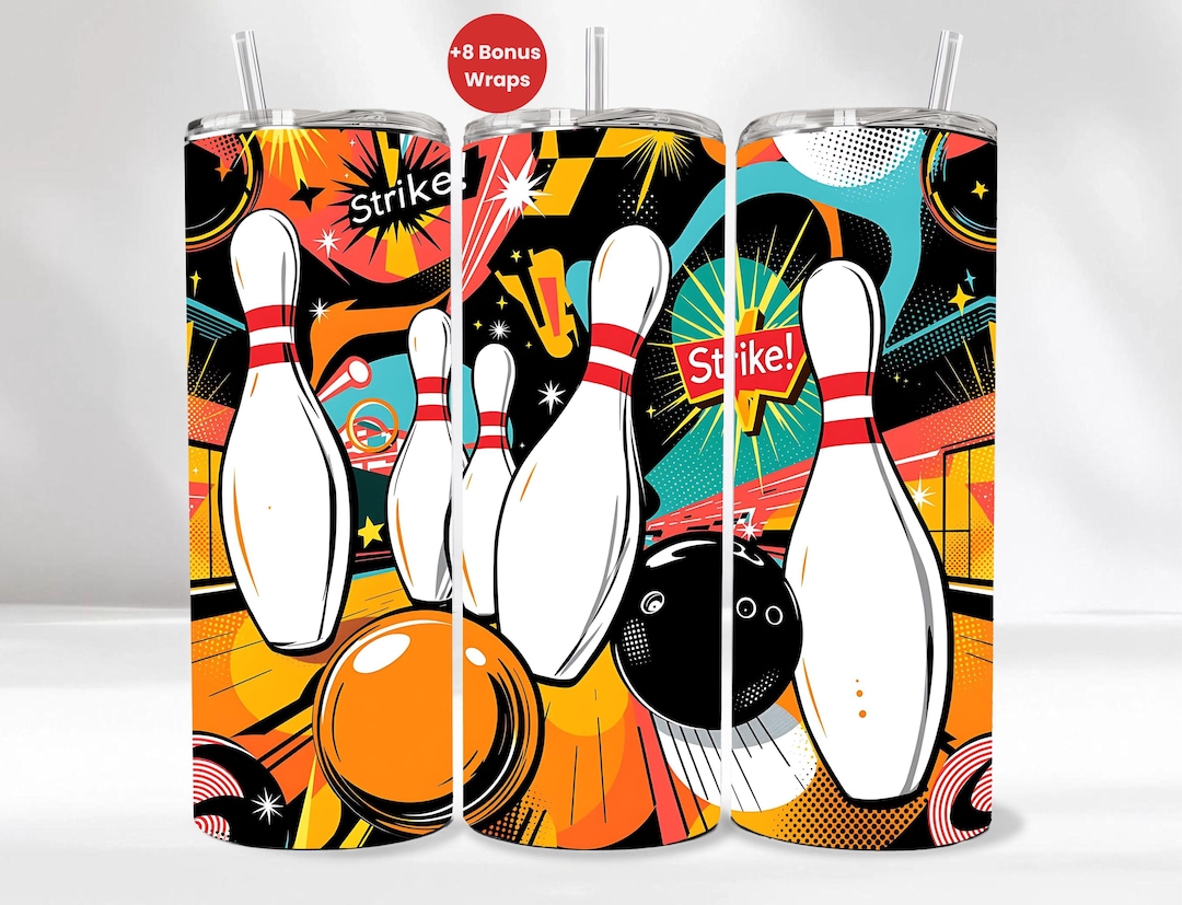 Retro Bowling Strike Tumbler Wrap: Pop Art Design + 8 Bonus Wraps (PNG ...