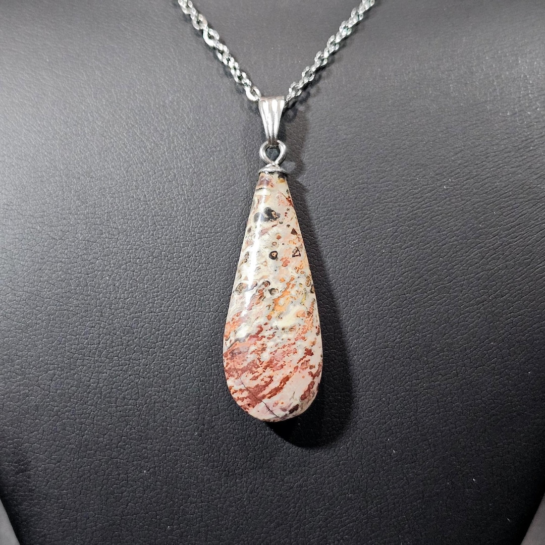 Leopardskin Jasper Necklace, Hand Cut Natural Stone Pendant, Elongated ...