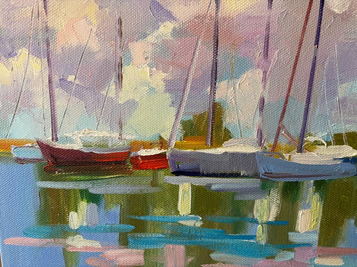 Water Landscape Original Oil Painting Boats on the River - Etsy