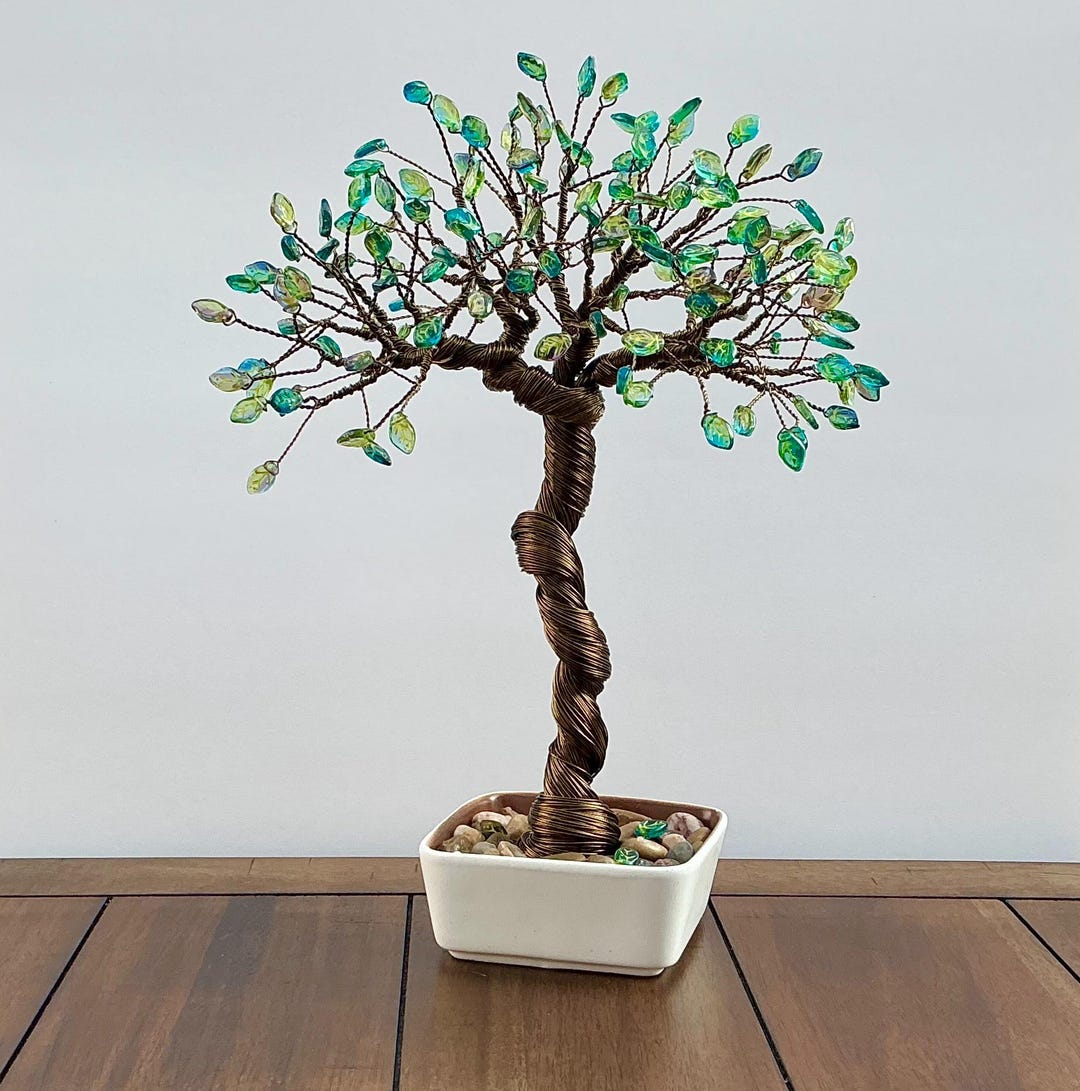 Copper Wire Tree Sculpture, Peacock Czech Glass Leaf Beads, Handmade ...