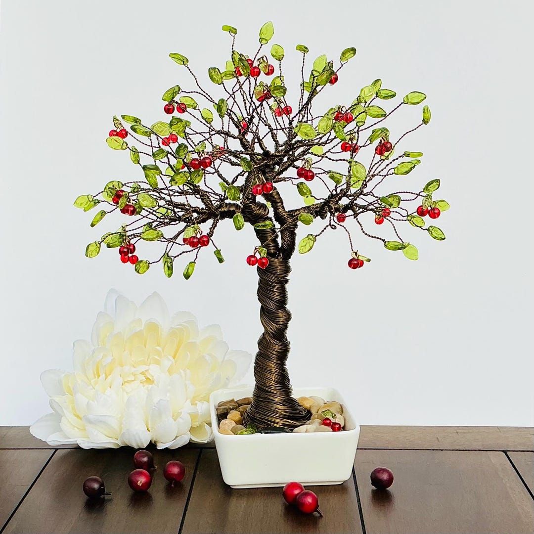 Cherry Tree, Copper Wire Sculpture, Green Czech Glass Leaf Beads ...
