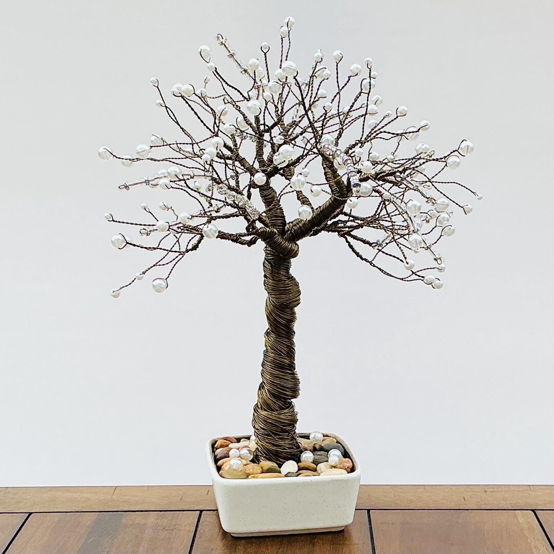 Copper Wire Sculpture, Pearl Glass Beads, Handmade Beaded Tree of Life ...