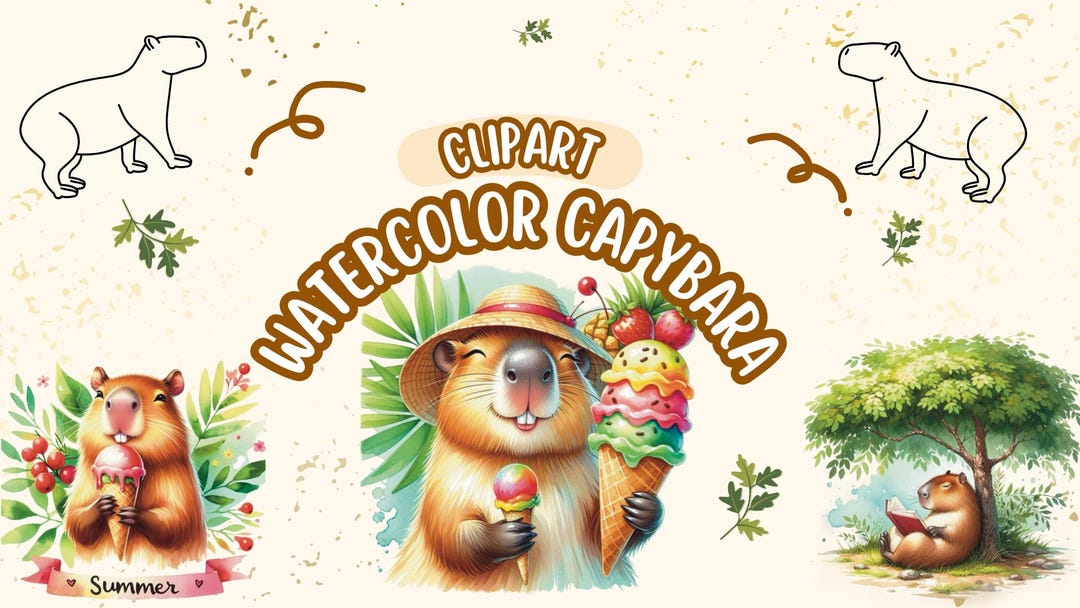 Watercolor Capybara Clipart Set – Adorable Digital Illustrations for ...