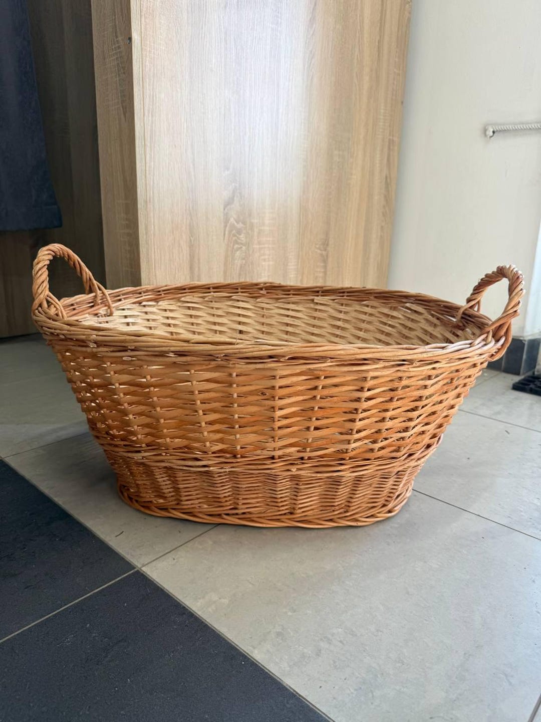Large Wicker Laundry Basket, Handled Oval Storage Basket - Etsy
