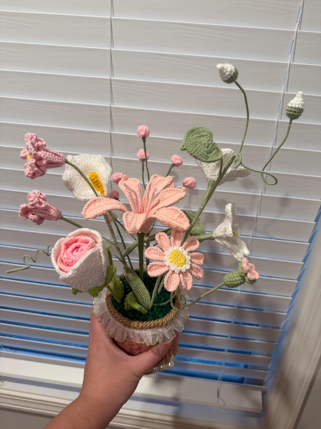 Handmade Hemp Rope Baskets of Flowers and Crocheted Flower - Etsy