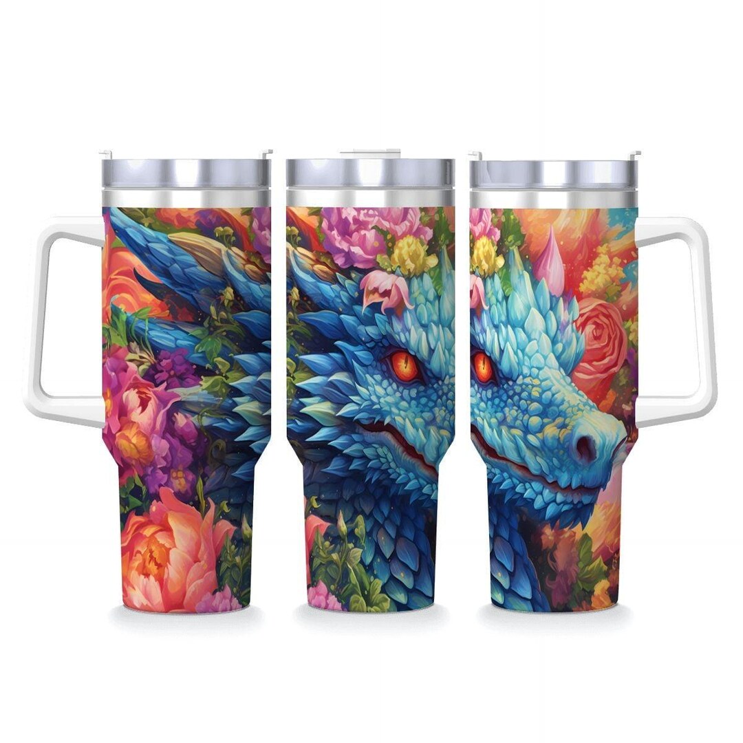 40oz Dragon Travel Coffee Mug With Handle & Straw – Insulated Tumbler ...