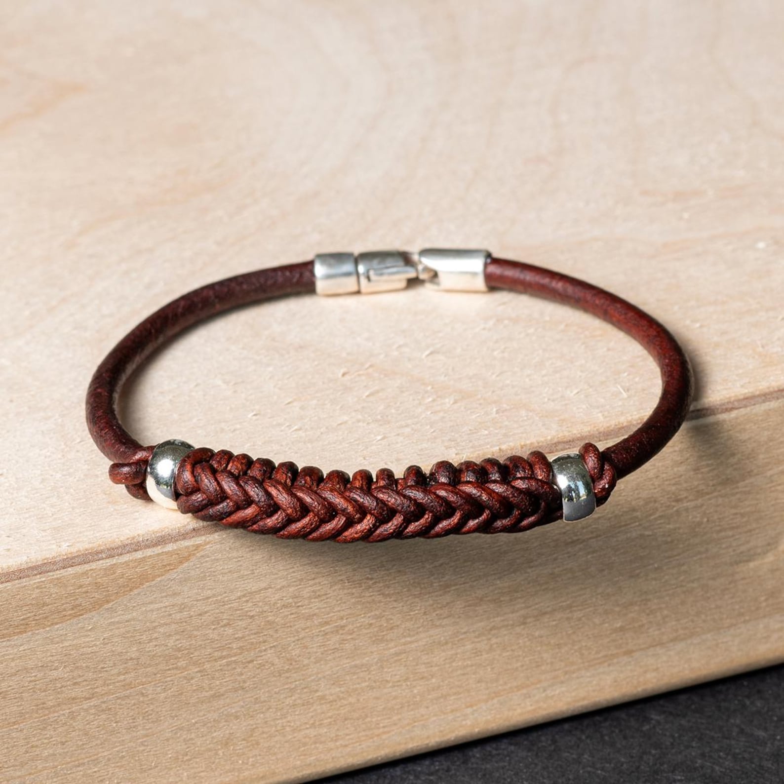 Hand-braided Mens Leather Bracelet With Smooth Sterling Silver, Braided ...