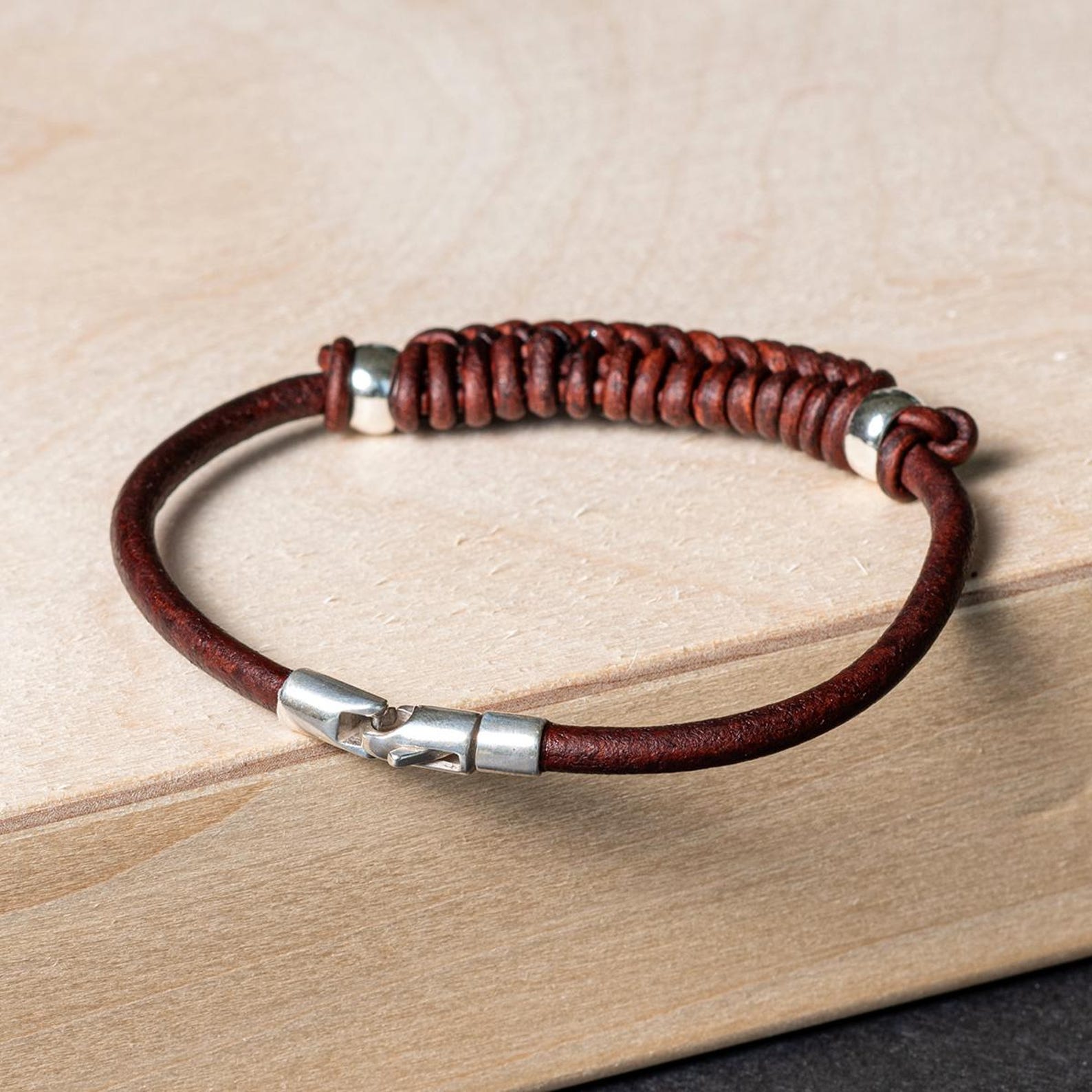 Hand-braided Mens Leather Bracelet With Smooth Sterling Silver, Braided ...