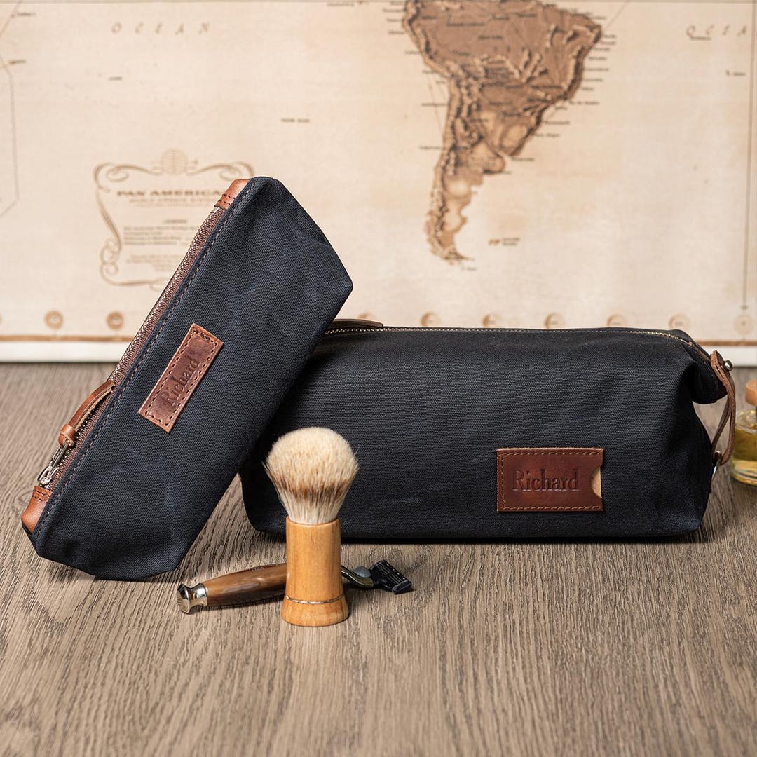 Personalized Travel Set: Waxed Canvas Folding Toiletry Bag and Pouch ...