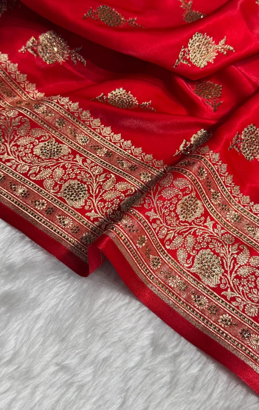 Red Satin Silk Saree: Swarovski Floral Boota, Bridal Banarasi - Etsy