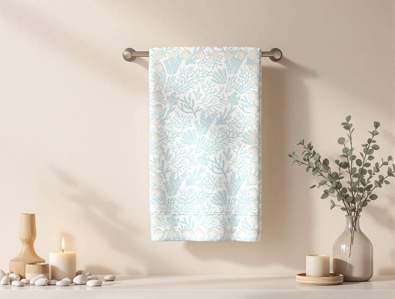 Coastal Bathroom Hand Towel Shell Pattern Beach Decor Guest Bathroom ...