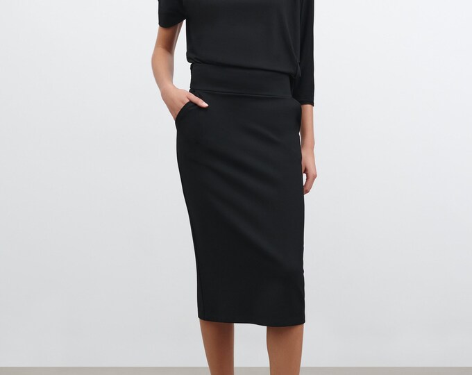 Fitted Black Skirt, Black Midi Skirt, Pencil Skirt, Stretchy Fitted ...