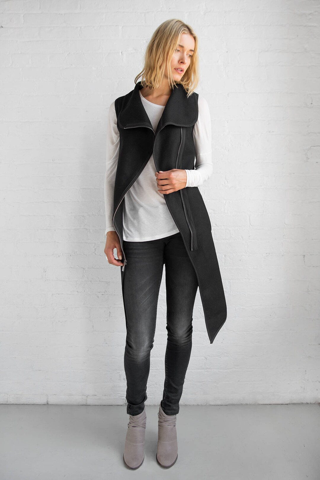FINAL SALE Black High Collar Wool Vest, Asymmetric Zipper Vest ...