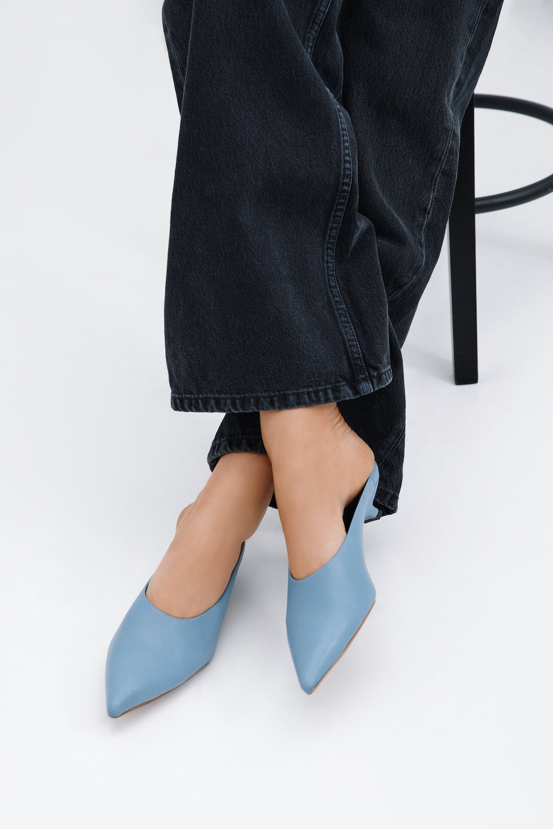 Sky Blue Leather Mules, Kitten Heel Mules, Closed Toe Pumps, Pointed ...