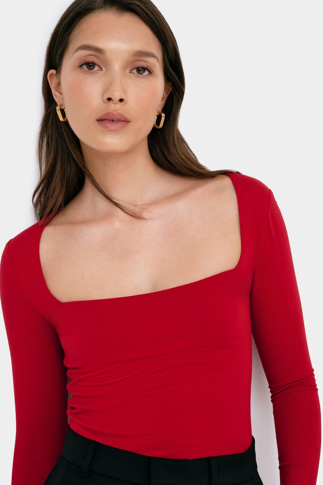 Red Square Neck Blouse, Women's Elegant Fitted Top, Extra Long Sleeve ...