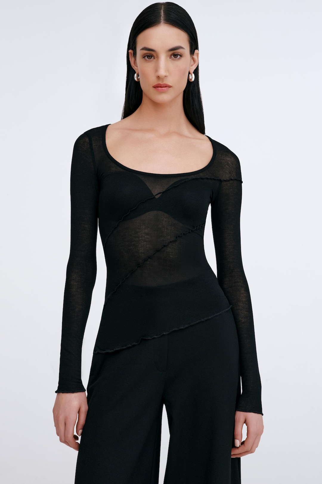 NEW Sheer Black Fitted Top, Scoop-neck Top, Stretchy Fitted Long Sleeve ...