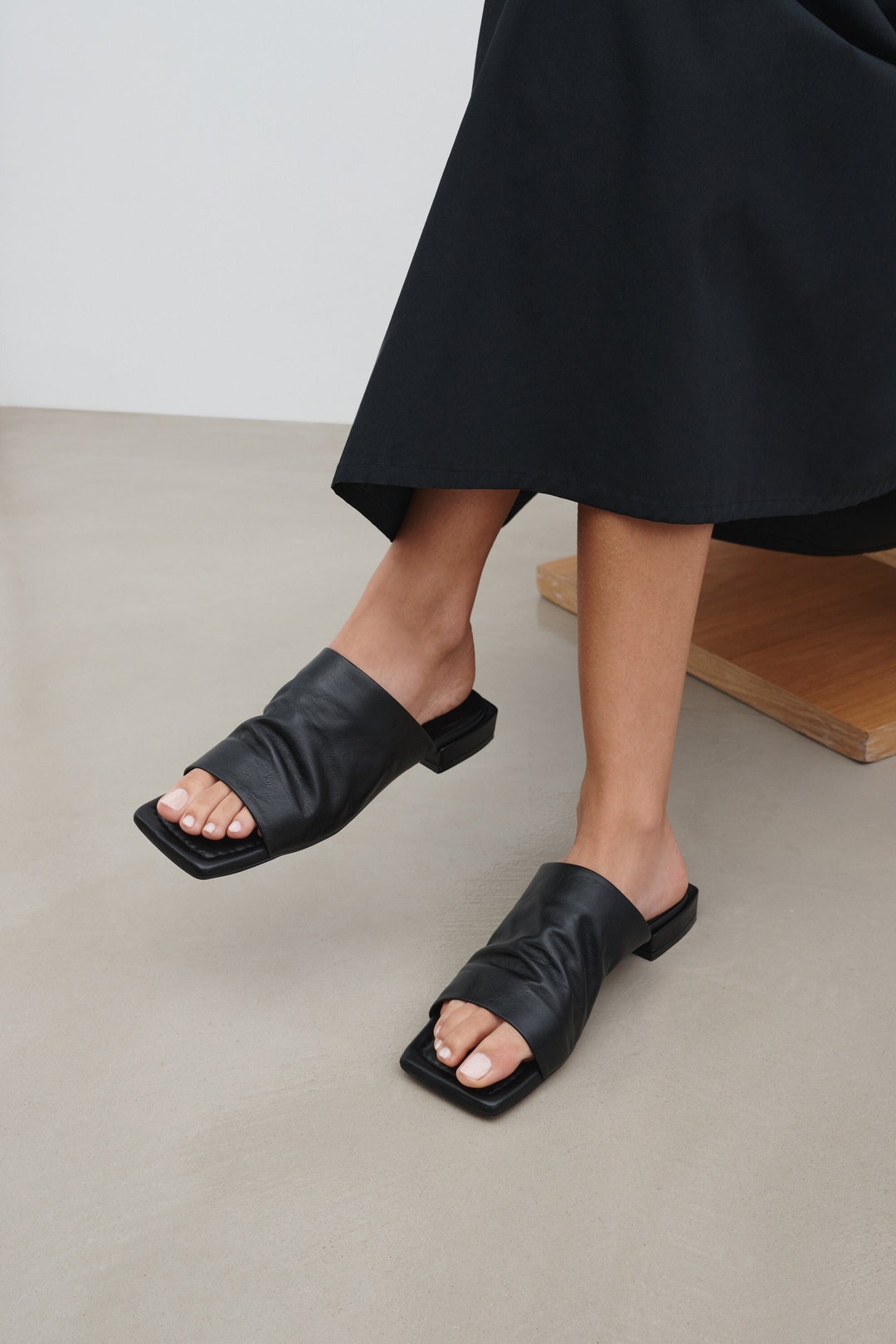 Black Leather Slides, Open Toe Slides, Statement Flats, Designer Flats ...