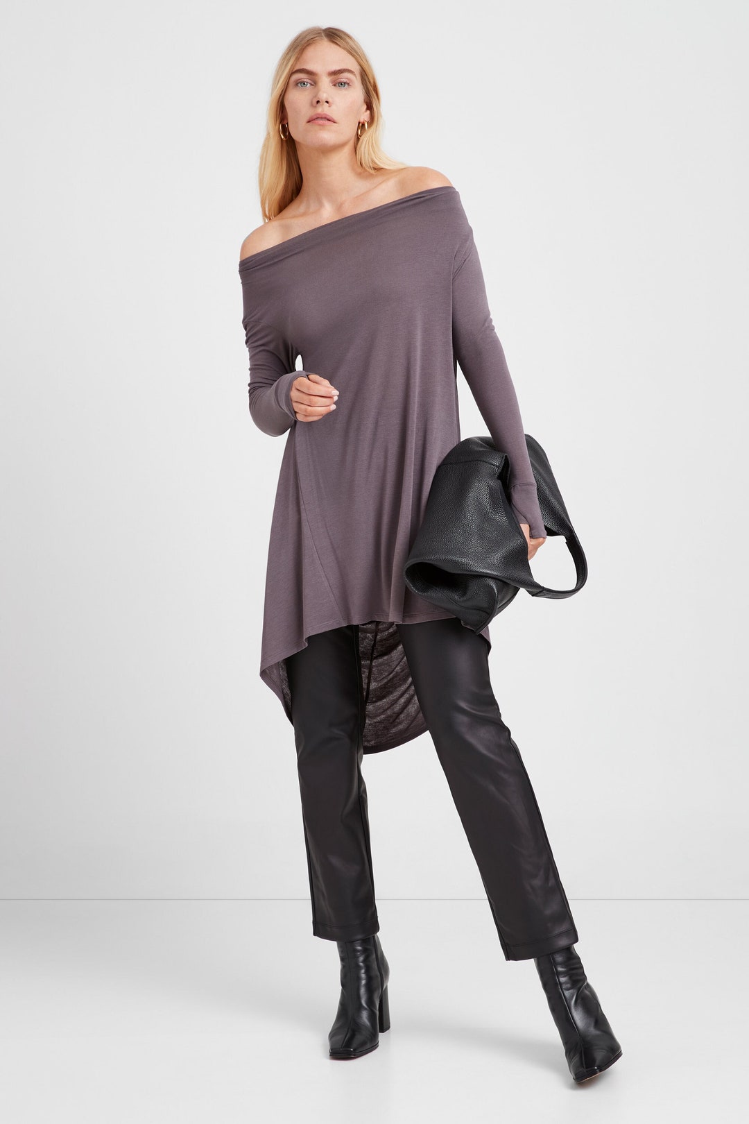 Long Draped Back Tunic, Casual Asymmetric Long Top, Cowl Neck Tunic ...
