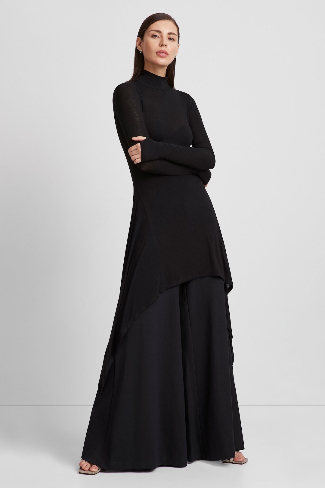 Black Long Draped Tunic, Asymmetric Long Top, Casual Long Sleeve Tunic ...