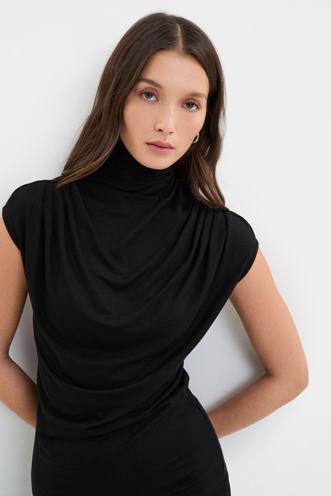 High Neck Draped Top, Mock Neck Top, Cap Sleeve Blouse, Gathered ...