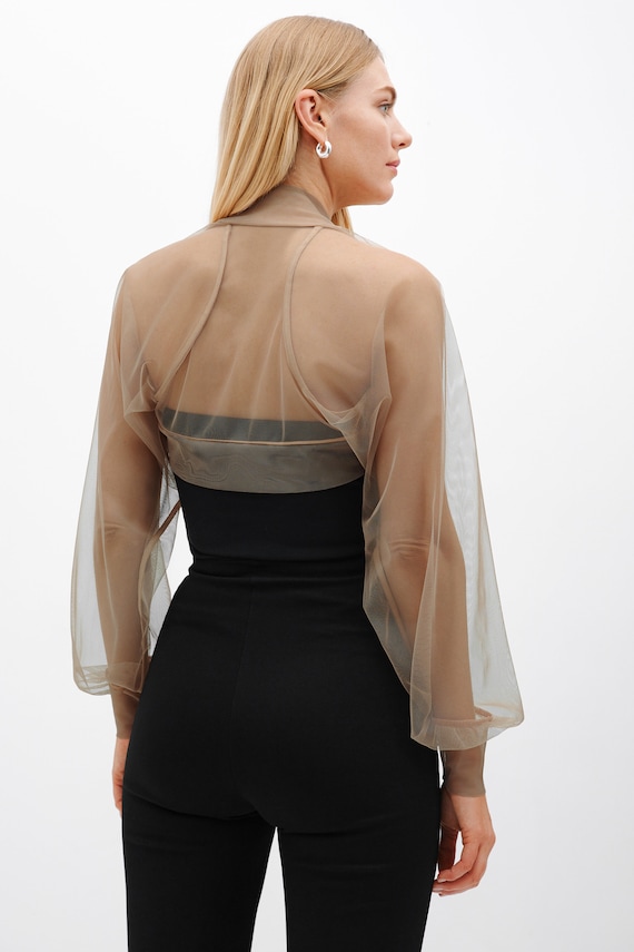 Tan Mesh Cocktail Shrug See Through Bolero, Beige Puff Tan Mesh Cocktail Shrug See Through Bolero, Beige Puff