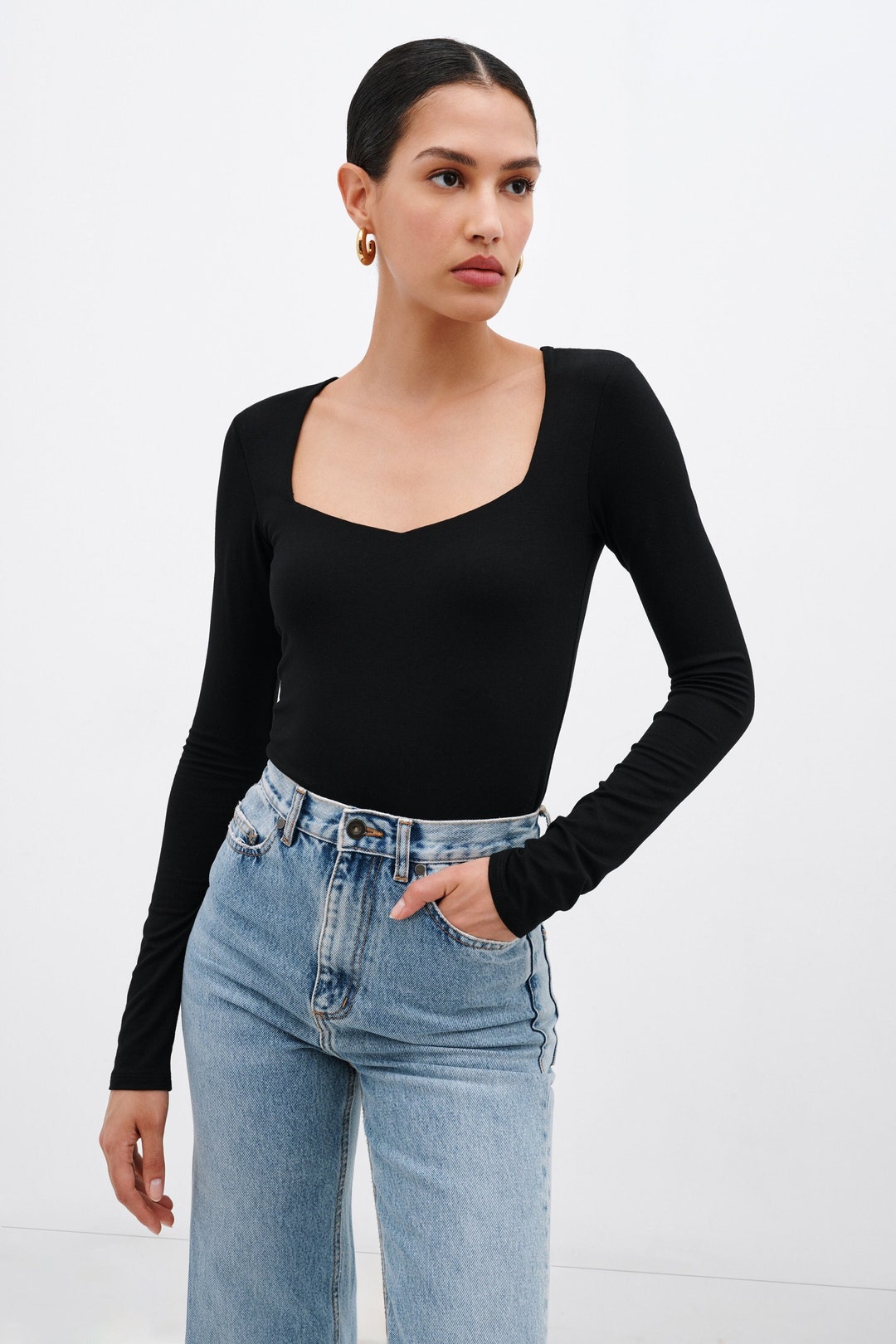 Black Fitted Blouse, Extra Long Sleeve Top, Sweetheart Fitted Top ...